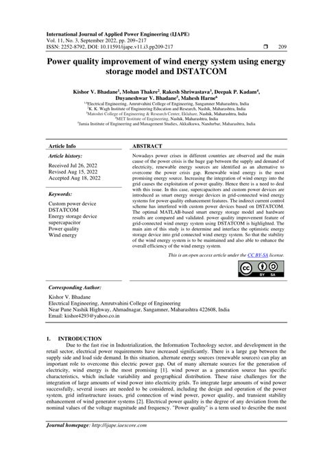 Pdf Power Quality Improvement Of Wind Energy System Using Energy Storage Model And Dstatcom