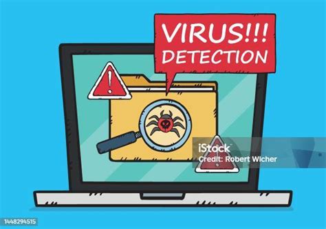 노트북의 화면에서 바이러스가 감지되었으며 위험을 알리는 표시와 캡션이 있습니다 벡터 손으로 그린 그림입니다 검사 보기에 대한 스톡 벡터 아트 및 기타 이미지 Istock