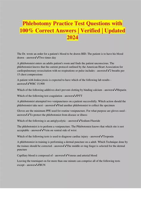 Phlebotomy Practice Test Questions With 100 Correct Answers Verified