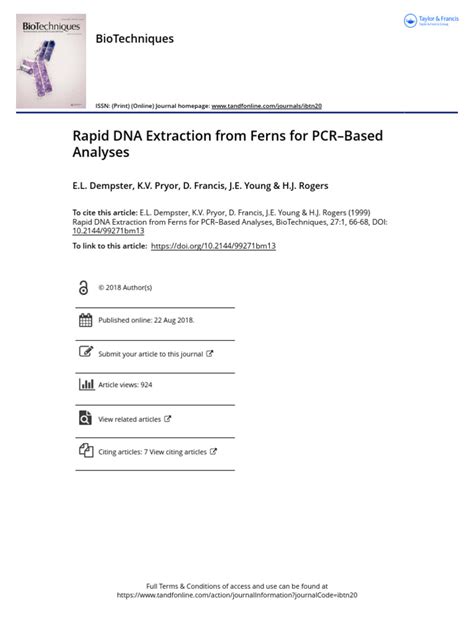 Rapid Dna Extraction From Ferns For Pcr Based Analyses Pdf Polymerase Chain Reaction Biology