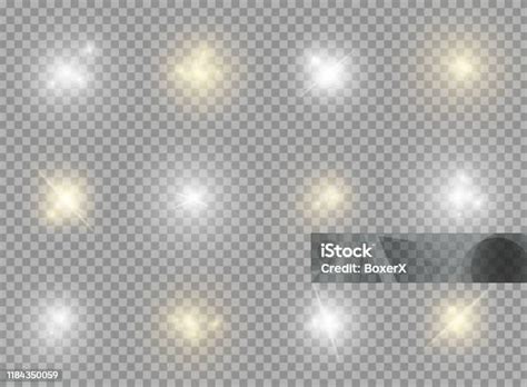 현실적인 노란색과 흰색 빛과 빛효과 투명 배경에 고립 큰 팩 반짝임과 폭발 효과 별과 광선 벡터 일러스트레이션 0명에 대한 스톡 벡터 아트 및 기타 이미지 Istock