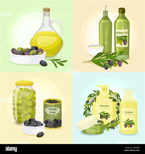 Four Squares With Olives Flat Colored Icon Set Oil Bottles Green And