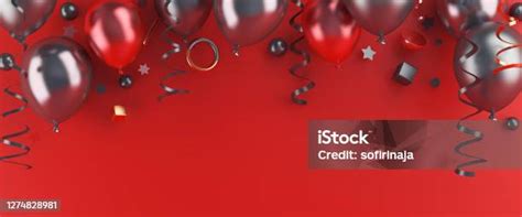 비행 풍선 빨간색색종이 복사 공간 텍스트 배너 템플릿 3d 렌더링 그림블랙 프라이데이 판매 배경 장식 빨강에 대한 스톡 사진 및 기타 이미지 Istock