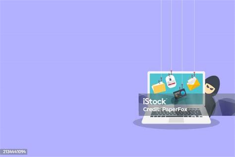 Hacker With Laptop Computer Stealing Confidential Data Personal Information And Credit Card