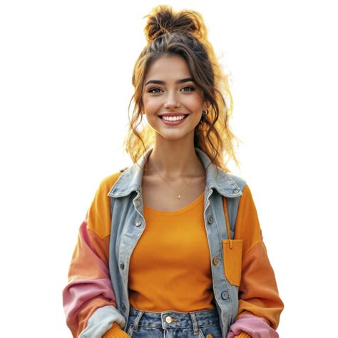 Un Sonriente Mujer En Un Amarillo Camisa Y Mezclilla Chaqueta 59916354 Png