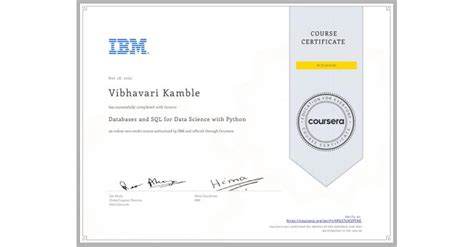 Vibhavari Kamble On Linkedin Completion Certificate For Databases And Sql For Data Science With