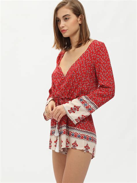 Bell Sleeve Deep V Neck Vintage Print Romperfor Women Romwe