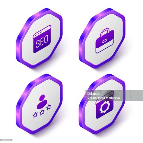 아이소메트릭 Seo 최적화 서류 가방 소비자 제품 등급 및 브라우저 설정 아이콘을 설정합니다 보라색 육각형 버튼 벡터 3차원