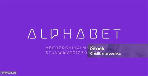 테크니컬 폰트 디지털 씬 알파벳 A부터 Z까지의 트렌디한 라틴 문자 0에서 9까지의 아랍 숫자 Ui Ux 디자인 벡터 일러스트레이션 10eps 가상현실에 대한 스톡 벡터