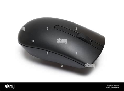 Close Up Of Black Computer Mouse With Scroll Wheel And Two Buttons On White Background Stock