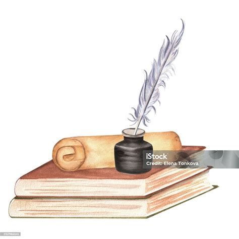 책 더미 종이 두루마리 잉크병 깃펜 오래된 양피지 빈티지 책 필기구 손으로 그린 수채화 삽화 0명에 대한 스톡 벡터 아트 및 기타 이미지 Istock