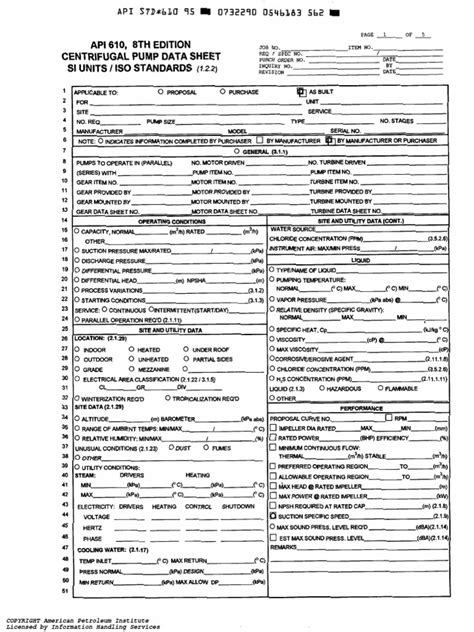 Api Std 610 1995 Data Sheets Example Pdf Pipe Fluid Conveyance Pump