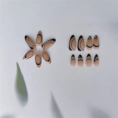 Glossy Nude Fake Nails Press On Nails Medium Almond Fake Nails With Stripes Black Glue On Nails