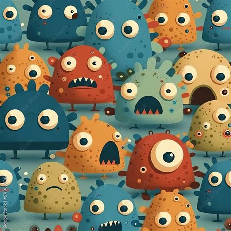 Monsters Pattern Of Funny Cartoons On Colored Backgrounds