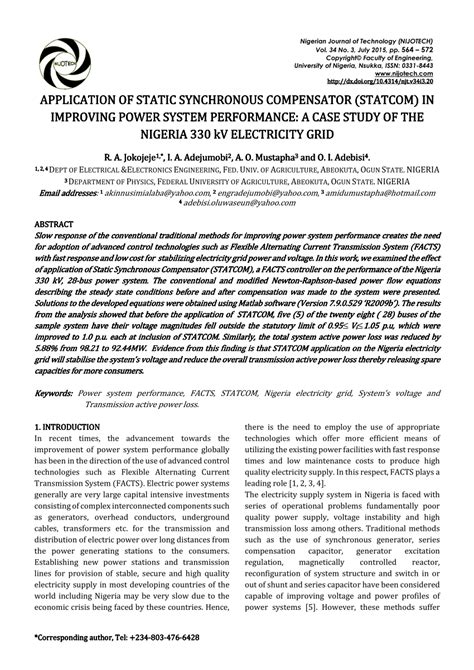 Pdf Application Of Static Synchronous Compensator Statcom In Improving Power System