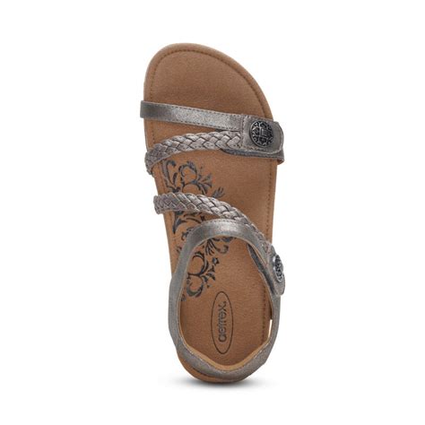 Aetrex Womens Jillian Braided Quarter Strap Sandal Brushed Silver Lauries Shoes