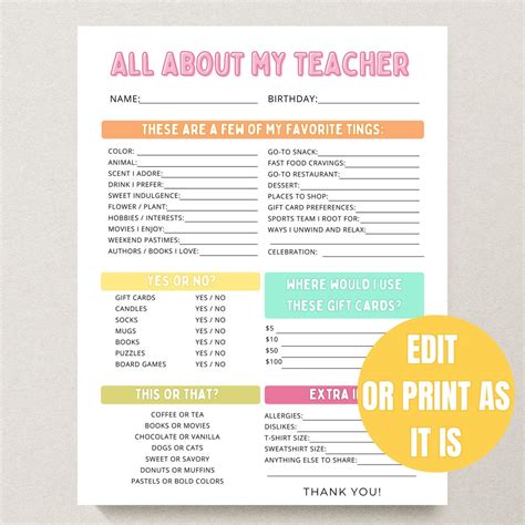 Editable All About Me Survey Printable Employee Favorites
