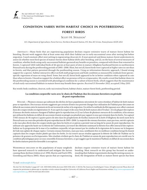 Pdf Condition Varies With Habitat Choice In Postbreeding Forest Birds