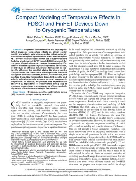 Compact Modeling Of Temperature Effects In Fdsoi And Finfet Devices Down To Cryogenic