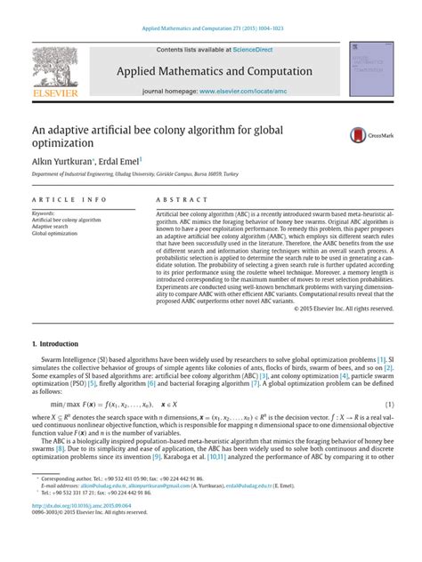 2015 Elsevier An Adaptive Artificial Bee Colony Algorithm For Global Optimization Pdf