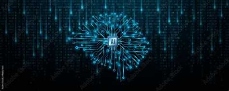 Ai Brain With Cpu Microchip And Glowing Circuit Board Futuristic Flowing Binary Code Into