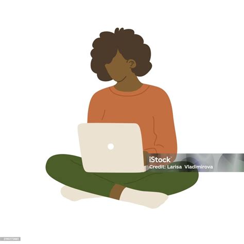 연꽃 자세로 노트북을 들고 앉아있는 여자 재택근무를 하는 프리랜서 원격 근무 또는 학업 벡터 일러스트 레이 션은 투명한 배경에 고립되어 있습니다 가구에 대한 스톡 벡터 아트