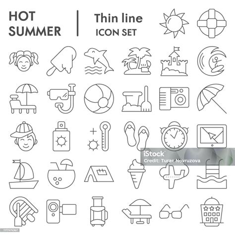 뜨거운 여름 얇은 라인 아이콘 세트 휴가 기호 컬렉션 벡터 스케치 로고 일러스트 레이션 레크리에이션 표지판 흰색 배경에 고립 된 선형 Pictograms 패키지 Eps 10