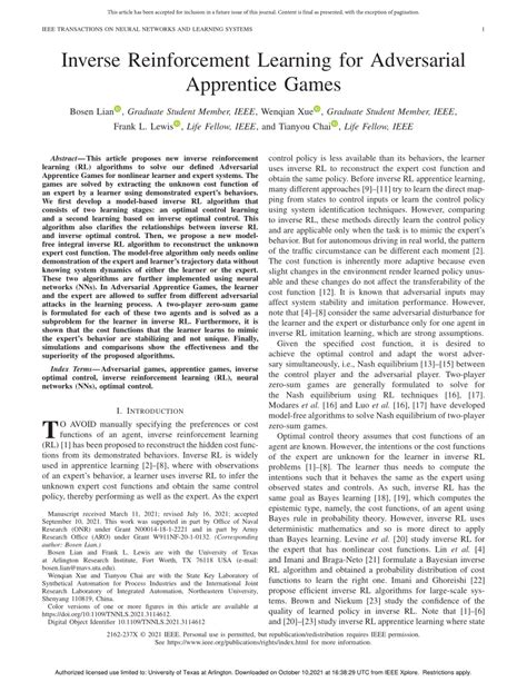 Pdf Inverse Reinforcement Learning For Adversarial Apprentice Games