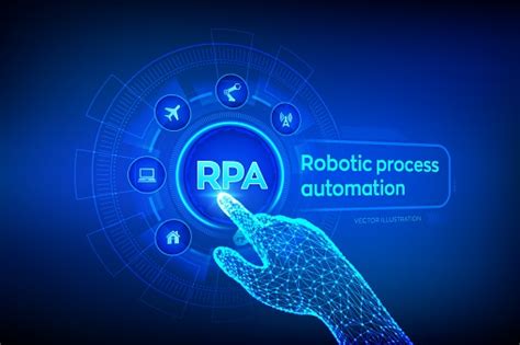 Rpa 로봇 프로세스 자동화 혁신 기술 개념 가상 화면에 디지털 그래프 인터페이스를 만지는 유선 로봇 손 Ai 인공 지능 벡터 그림입니다 로봇 프로세스 자동화에 대한 스톡