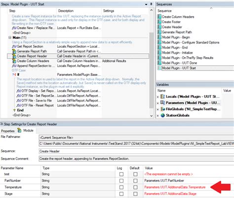 how can i pass values to a simple text report header in teststand ni