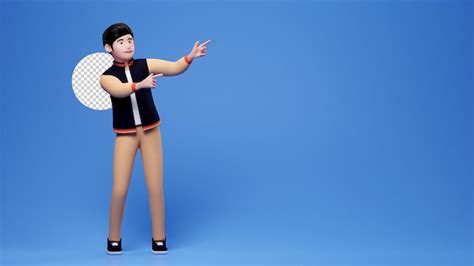 캐주얼 남자 만화 캐릭터 남자가 빈 공간을 가리키는 손가락 3d 렌더링 파란색 배경 프리미엄 Psd 파일