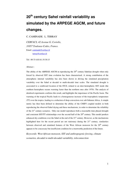 Pdf Twentieth Century Sahel Rainfall Variability As Simulated By The