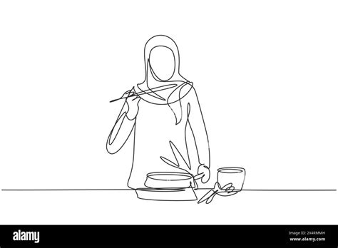 Single Continuous Line Drawing Arabian Woman Mixing Tomato Sauce Tasting And Relish Meal With