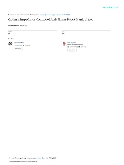 Optimal Impedance Control Of A 2r Planar Robot Manipulator Pdf Force Mathematical Optimization