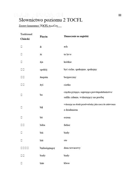 Słownictwo Poziomu A2 Tocfl Pdf