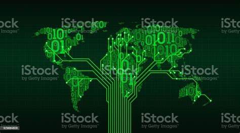 그리드 배경에 디지털 이진 코드 트리 구조를 잘 조직된 계층의 인쇄 회로 기판의 형태로 도시 사이 연결에서 추상 세계 지도 세계지도에 대한 스톡 벡터 아트 및 기타 이미지