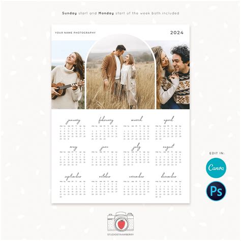 2024 Photo Calendar Template With Window Arch Strawberry Kit