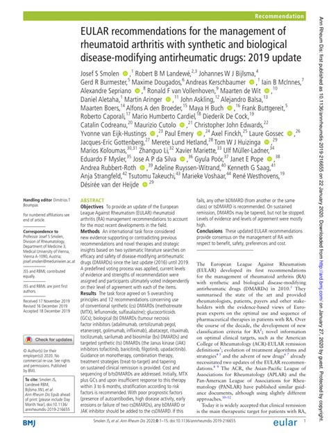 Pdf Eular Recommendations For The Management Of Rheumatoid Arthritis With Synthetic And