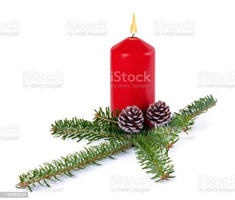 크리스마스 장식 빨간색 불타는 촛불 가문비 나무 분기와 그림자 반사와 흰색 배경에 고립 된 원뿔 침엽수 나뭇 가지 소나무 콘과