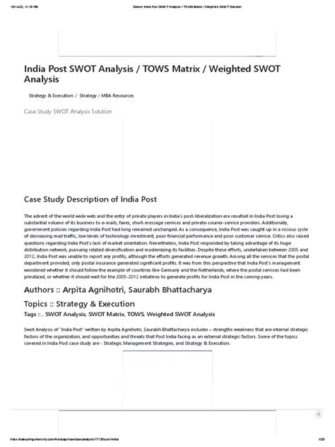 Solved India Post Swot Analysis Tows Matrix Weighted Swot Solution