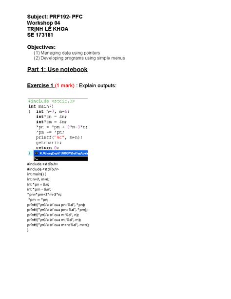 Pfc Workshop 04 Prf 192 Subject Prf192 Pfc Workshop 04 TrỊnh LÊ Khoa Se 173181 Objectives