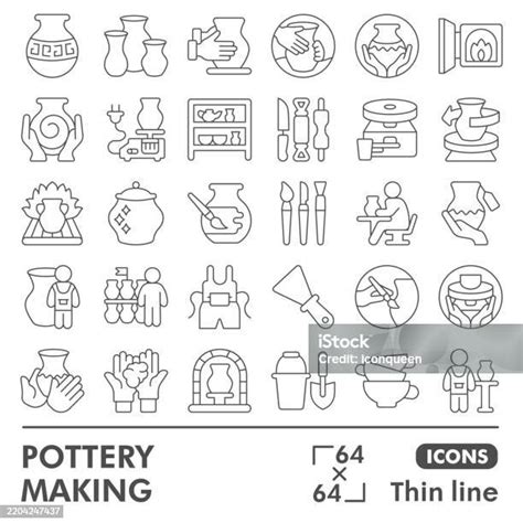 도자기 만들기 기호 수집 또는 스케치 도자기 공예 테마 웹 및 앱을위한 얇은 선 스타일 표지판 흰색 배경에 고립된 벡터 그래픽입니다 공예에 대한 스톡 벡터 아트 및 기타