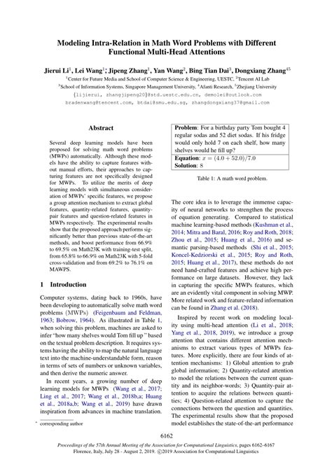 Pdf Modeling Intra Relation In Math Word Problems With Different Functional Multi Head Attentions