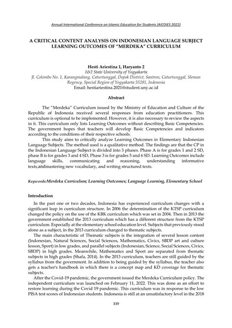 Pdf A Critical Content Analysis On Indonesian Language Subject Learning Outcomes Of “merdeka
