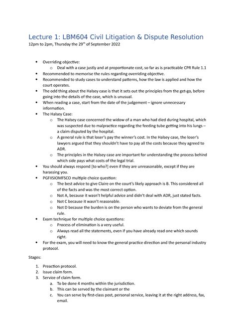 lecture notes lecture 1 lbm604 civil litigation and dispute resolution