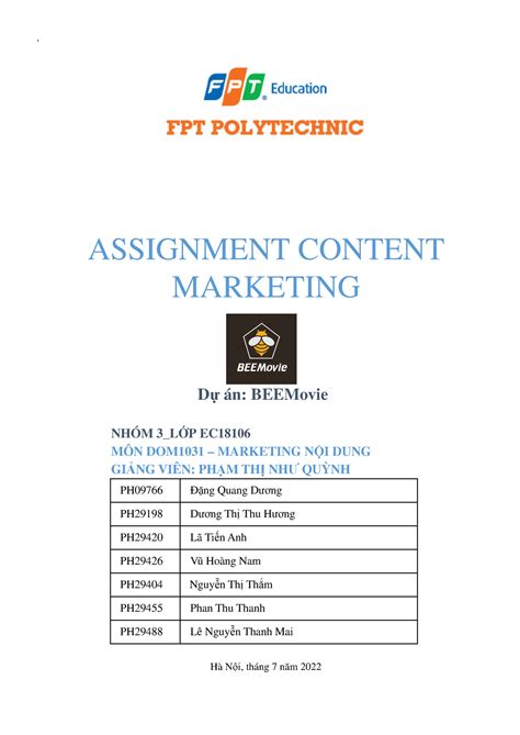 ASM Marketing nội dung ASSIGNMENT CONTENT MARKETING Dự án BEEMovie NHÓM LỚP EC MÔN