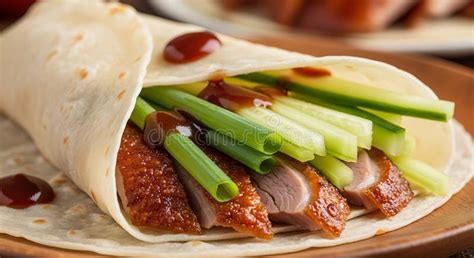 Delicious Peking Duck Wrap With Crispy Skin And Fresh Vegetables Stock