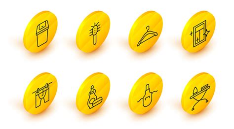 세트 라인 다리미와 다리미판 주방 앞치마 식기 세척액 병 옷 건조 창문 청소 서비스 옷걸이 옷장 화장실 브러시 및 쓰레기통 아이콘 벡터 3차원 형태에 대한 스톡 벡터 아트