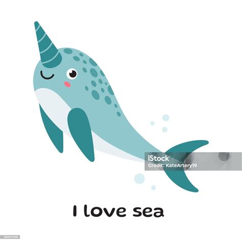 귀여운 만화 일각고래 유니콘 물고기와 엽서입니다 일각고래의 벡터 그림입니다 만화 스타일의 어린이 삽화 일각돌고래에 대한 스톡 벡터 아트 및 기타 이미지 Istock