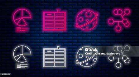 설정 라인 오픈 과학 책 행성 원형 차트 인포 그래픽 및 분자 벽돌 벽에 빛나는 네온 아이콘입니다 벡터 0명에 대한 스톡 벡터